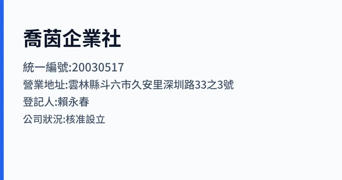 喬茵企業社 - 統編 20030517(雲林縣) 公司登記資料與營業項目詳細圖表