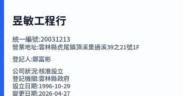 昱敏工程行的照片-統編 20031213(雲林縣) 公司登記資料與營業項目詳細圖表