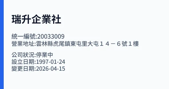 瑞升企業社的照片-統編 20033009(雲林縣) 公司登記資料與營業項目詳細圖表