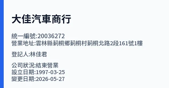 大佳汽車商行的照片-統編 20036272(雲林縣) 公司登記資料與營業項目詳細圖表