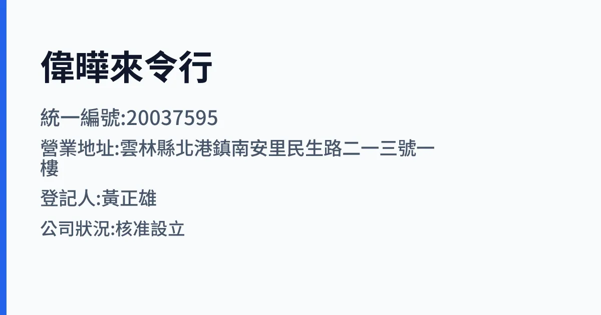 偉曄來令行 - 統編 20037595（雲林縣） 公司登記資料與營業項目詳細圖表