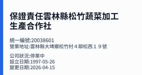 保證責任雲林縣松竹蔬菜加工生產合作社的照片-統編 20038601(雲林縣) 公司登記資料與營業項目詳細圖表