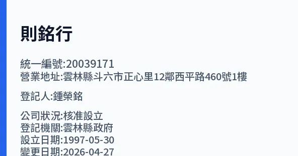 則銘行的照片-統編 20039171(雲林縣) 公司登記資料與營業項目詳細圖表