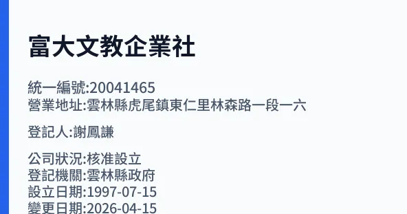 富大文教企業社的照片-統編 20041465(雲林縣) 公司登記資料與營業項目詳細圖表