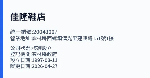 佳隆鞋店的照片-統編 20043007(雲林縣) 公司登記資料與營業項目詳細圖表