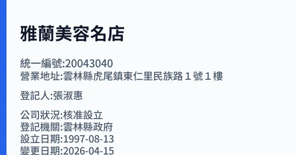 雅蘭美容名店的照片-統編 20043040(雲林縣) 公司登記資料與營業項目詳細圖表