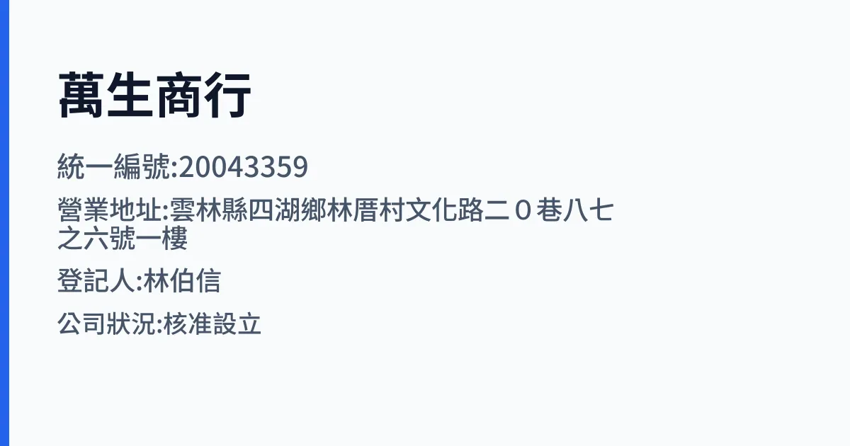 萬生商行 - 統編 20043359(雲林縣) 公司登記資料與營業項目詳細圖表