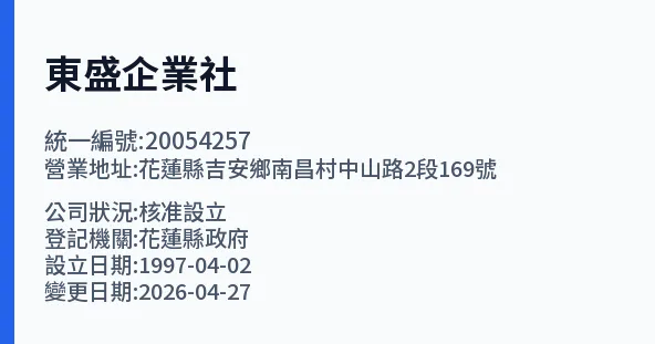 東盛企業社的照片-統編 20054257(花蓮縣) 公司登記資料與營業項目詳細圖表