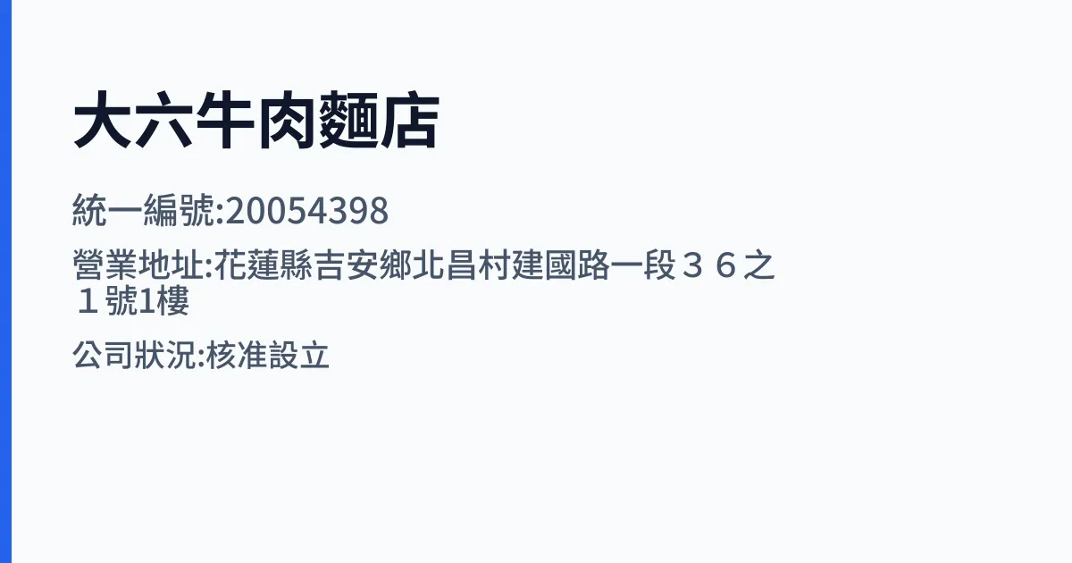 大六牛肉麵店 - 統編 20054398(花蓮縣) 公司登記資料與營業項目詳細圖表