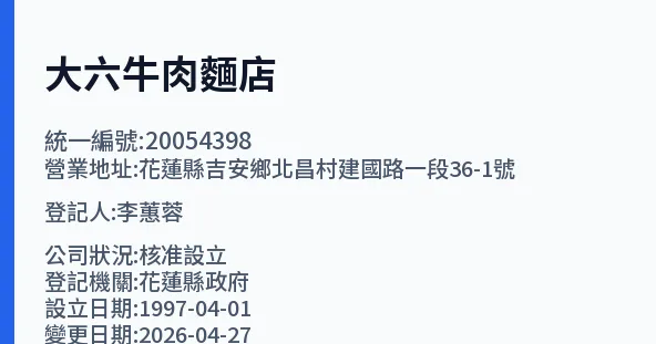 大六牛肉麵店的照片-統編 20054398(花蓮縣) 公司登記資料與營業項目詳細圖表