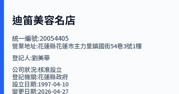 迪笛美容名店的照片-統編 20054405(花蓮縣) 公司登記資料與營業項目詳細圖表