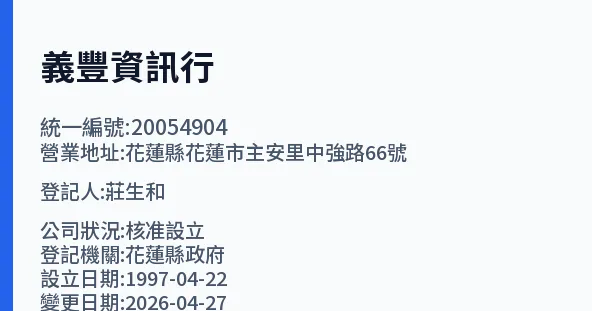 義豐資訊行的照片-統編 20054904(花蓮縣) 公司登記資料與營業項目詳細圖表
