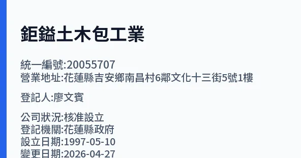 鉅鎰土木包工業的照片-統編 20055707(花蓮縣) 公司登記資料與營業項目詳細圖表