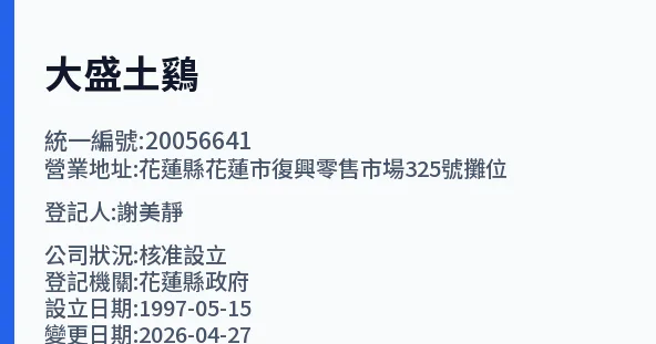 大盛土鷄的照片-統編 20056641(花蓮縣) 公司登記資料與營業項目詳細圖表