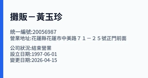 攤販－黃玉珍的照片-統編 20056987(花蓮縣) 公司登記資料與營業項目詳細圖表