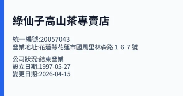 綠仙子高山茶專賣店的照片-統編 20057043(花蓮縣) 公司登記資料與營業項目詳細圖表