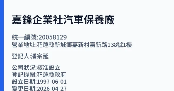 嘉鋒企業社汽車保養廠的照片-統編 20058129(花蓮縣) 公司登記資料與營業項目詳細圖表