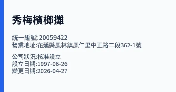秀梅檳榔攤的照片-統編 20059422(花蓮縣) 公司登記資料與營業項目詳細圖表