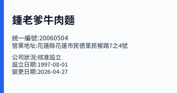 鍾老爹牛肉麵的照片-統編 20060504(花蓮縣) 公司登記資料與營業項目詳細圖表