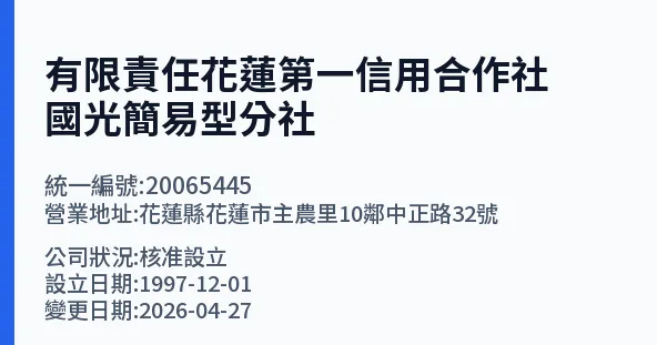 有限責任花蓮第一信用合作社國光簡易型分社的照片-統編 20065445(花蓮縣) 公司登記資料與營業項目詳細圖表