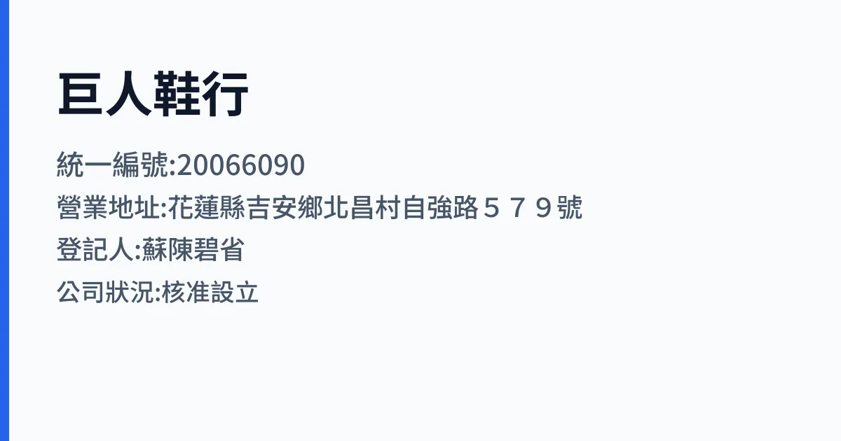 巨人鞋行 - 統編 20066090(花蓮縣) 公司登記資料與營業項目詳細圖表