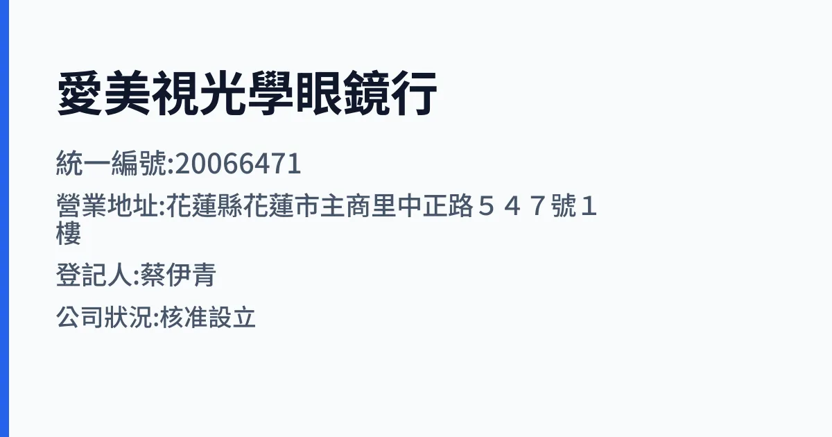 愛美視光學眼鏡行 - 統編 20066471(花蓮縣) 公司登記資料與營業項目詳細圖表