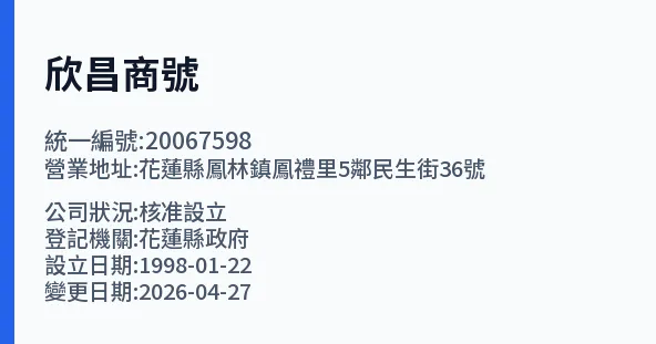 欣昌商號的照片-統編 20067598(花蓮縣) 公司登記資料與營業項目詳細圖表