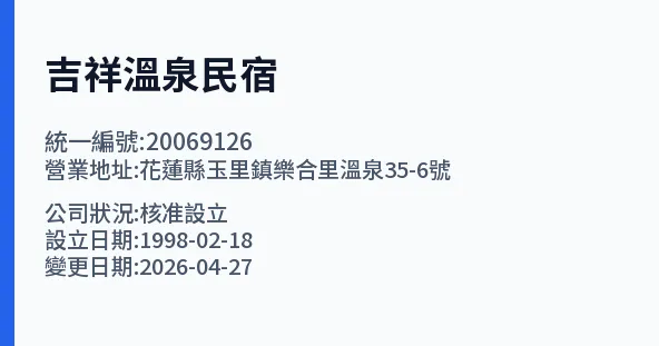 吉祥溫泉民宿的照片-統編 20069126(花蓮縣) 公司登記資料與營業項目詳細圖表