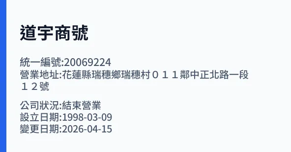 道宇商號的照片-統編 20069224(花蓮縣) 公司登記資料與營業項目詳細圖表