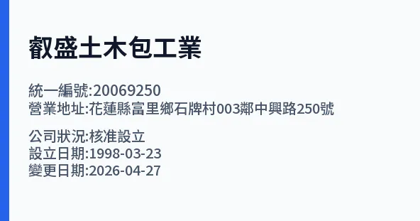 叡盛土木包工業的照片-統編 20069250(花蓮縣) 公司登記資料與營業項目詳細圖表