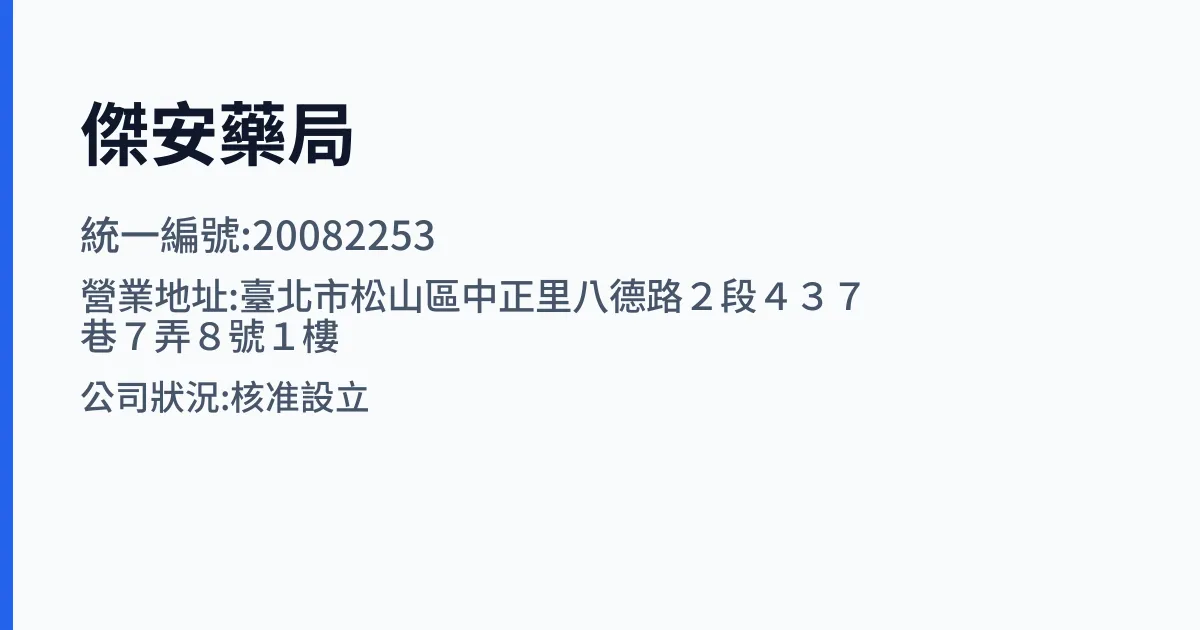 傑安藥局 - 統編 20082253(臺北市) 公司登記資料與營業項目詳細圖表