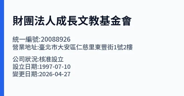 財團法人成長文教基金會的照片-統編 20088926(臺北市) 公司登記資料與營業項目詳細圖表