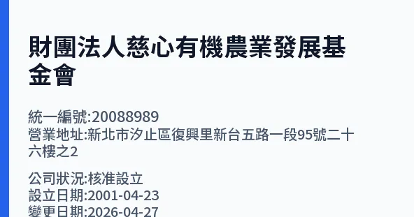 財團法人慈心有機農業發展基金會的照片-統編 20088989(新北市) 公司登記資料與營業項目詳細圖表