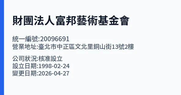 財團法人富邦藝術基金會的照片-統編 20096691(臺北市) 公司登記資料與營業項目詳細圖表