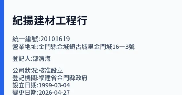 紀揚建材工程行的照片-統編 20101619(金門縣) 公司登記資料與營業項目詳細圖表