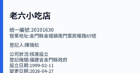老六小吃店的照片-統編 20101630(金門縣) 公司登記資料與營業項目詳細圖表