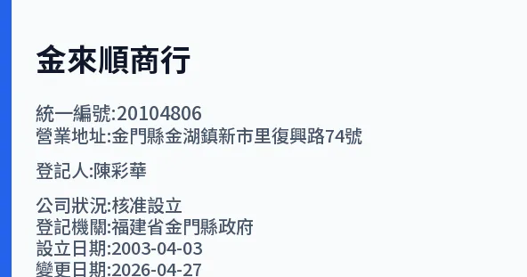 金來順商行的照片-統編 20104806(金門縣) 公司登記資料與營業項目詳細圖表