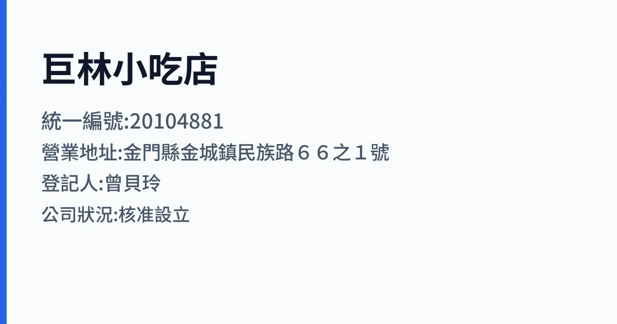 巨林小吃店 - 統編 20104881(金門縣) 公司登記資料與營業項目詳細圖表