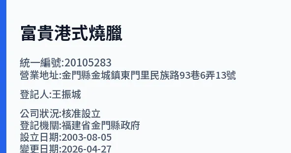 富貴港式燒臘的照片-統編 20105283(金門縣) 公司登記資料與營業項目詳細圖表