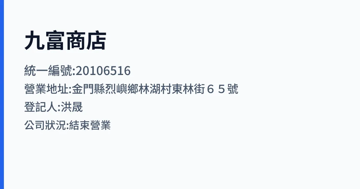 九富商店 - 統編 20106516(金門縣) 公司登記資料與營業項目詳細圖表