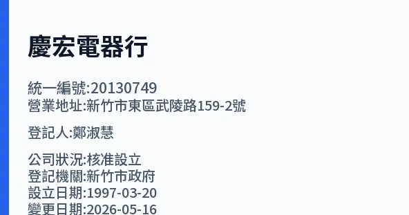 慶宏電器行的照片-統編 20130749(新竹市) 公司登記資料與營業項目詳細圖表