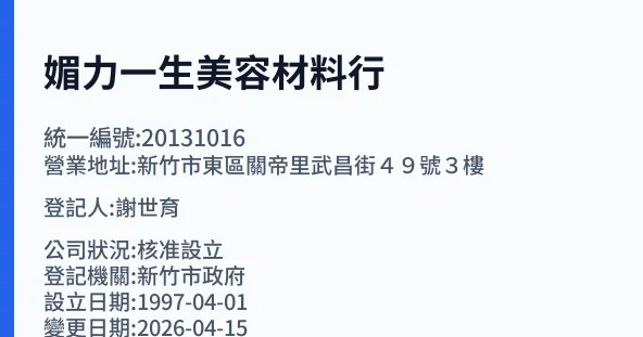 媚力一生美容材料行的照片-統編 20131016(新竹市) 公司登記資料與營業項目詳細圖表