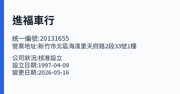 進福車行的照片-統編 20131655(新竹市) 公司登記資料與營業項目詳細圖表
