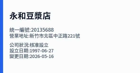 永和豆漿店的照片-統編 20135688(新竹市) 公司登記資料與營業項目詳細圖表