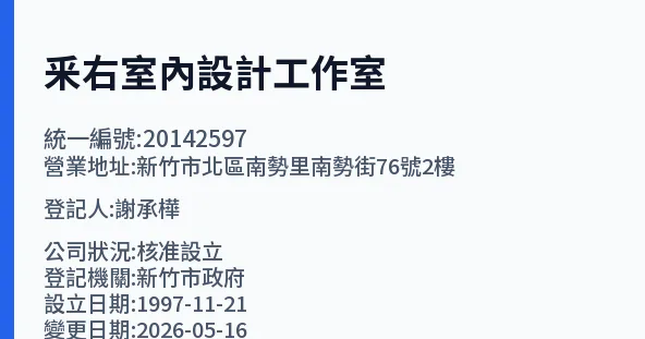 釆右室內設計工作室的照片-統編 20142597(新竹市) 公司登記資料與營業項目詳細圖表