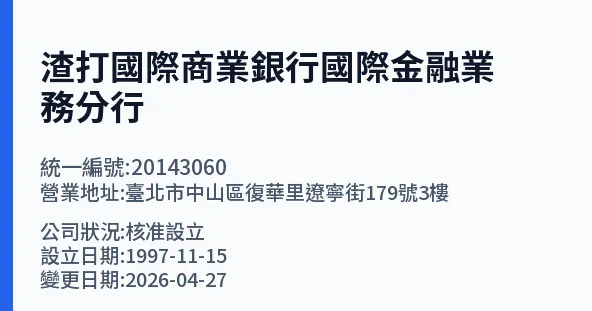 渣打國際商業銀行國際金融業務分行的照片-統編 20143060(臺北市) 公司登記資料與營業項目詳細圖表