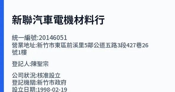 新聯汽車電機材料行的照片-統編 20146051(新竹市) 公司登記資料與營業項目詳細圖表
