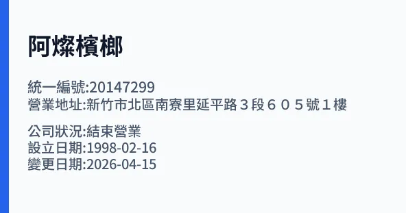 阿燦檳榔的照片-統編 20147299(新竹市) 公司登記資料與營業項目詳細圖表