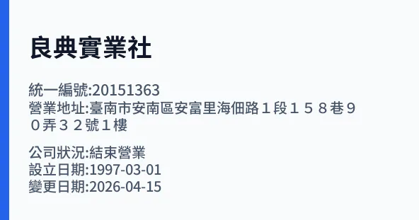 良典實業社的照片-統編 20151363(臺南市) 公司登記資料與營業項目詳細圖表