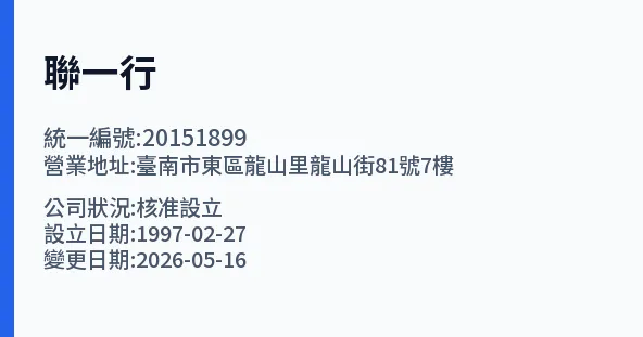 聯一行的照片-統編 20151899(臺南市) 公司登記資料與營業項目詳細圖表